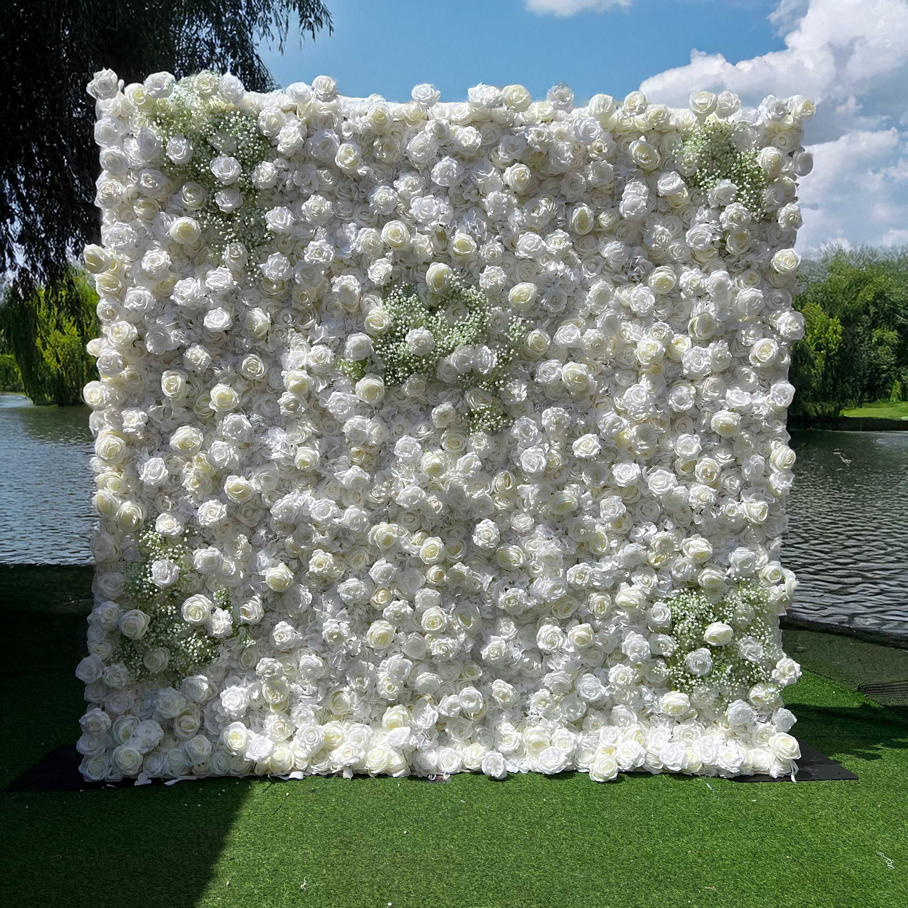 Elegant 5D White Rose Roll-Up Flower Wall Backdrop -Bridal Party Decor