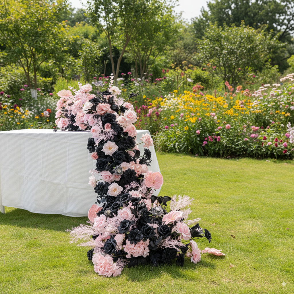 Decoración de boda elegante en negro y rosa con flores, arreglo de flo