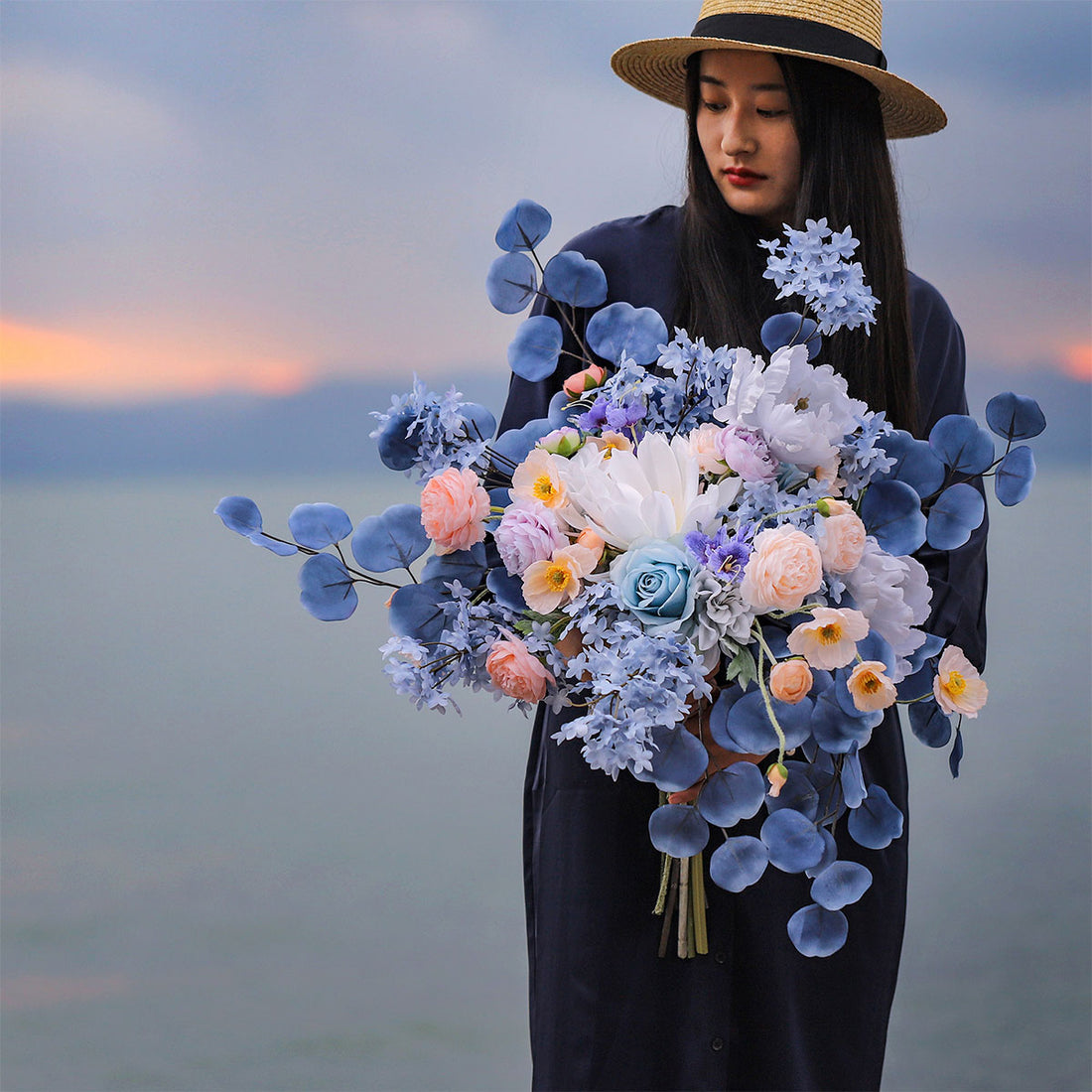 Prussian Blue Dream Silk Floral Arrangement | Elegant Faux Flower