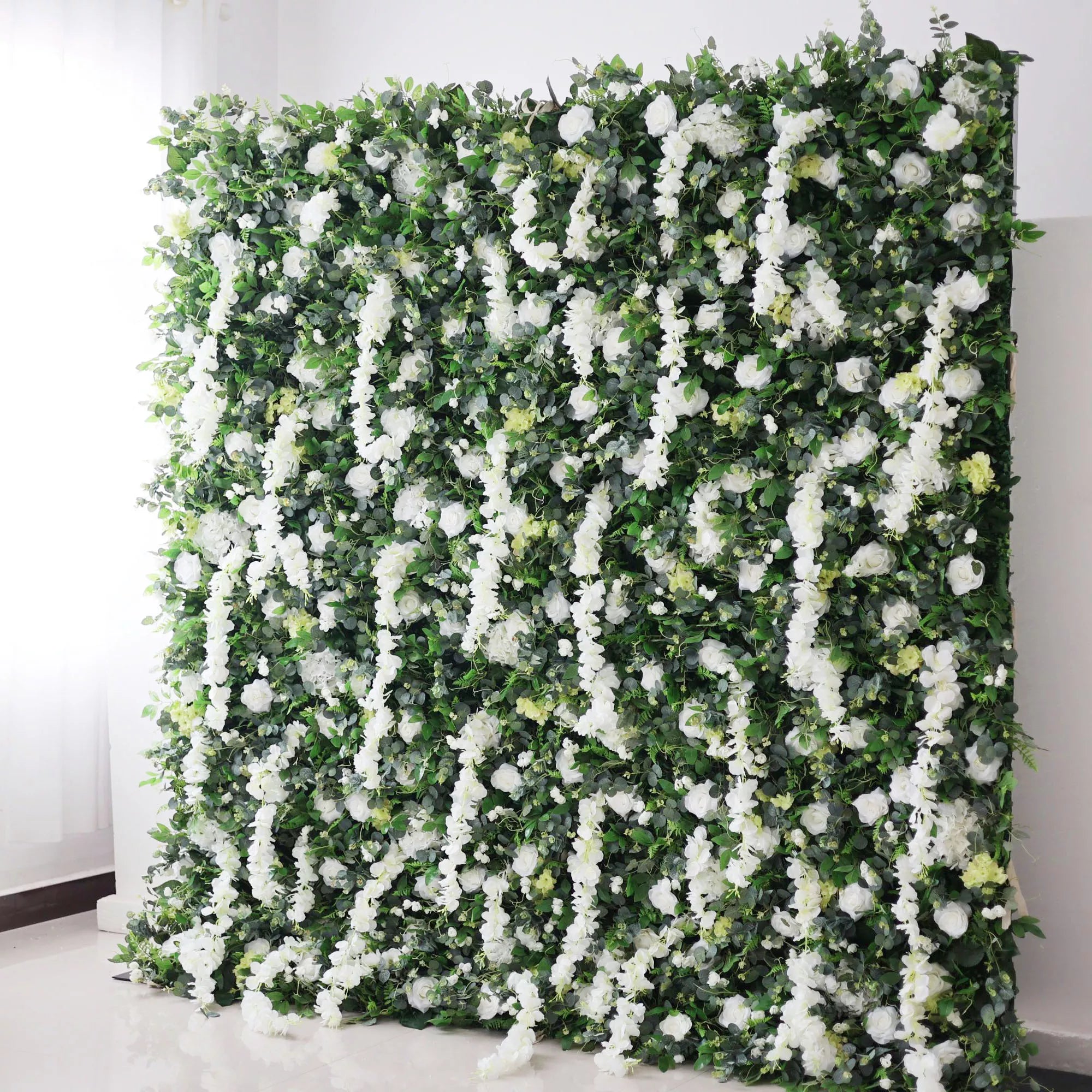 Valar Flowers Roll Up Fabric Artificial White Flower and Vivid Green L